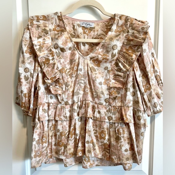 Polagram | Tops | Polagram Shimmery Floral Ruffle Blouse Pink And Brown ...